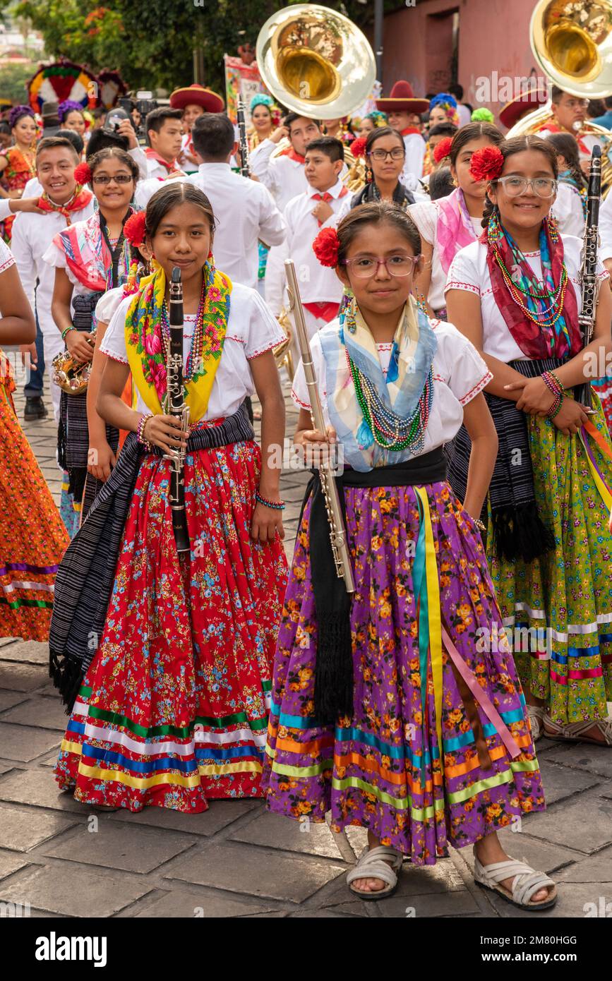 Young musicians preparing for a parade during the annual Guelaguetza ...