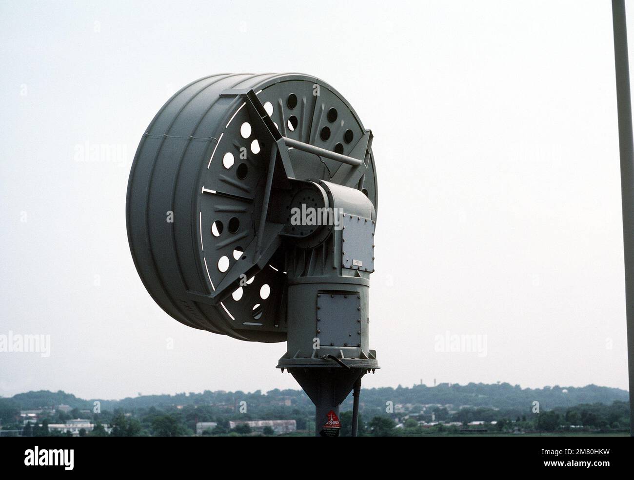 A rear view of the satellite receiving antenna mounted on the bridge of ...