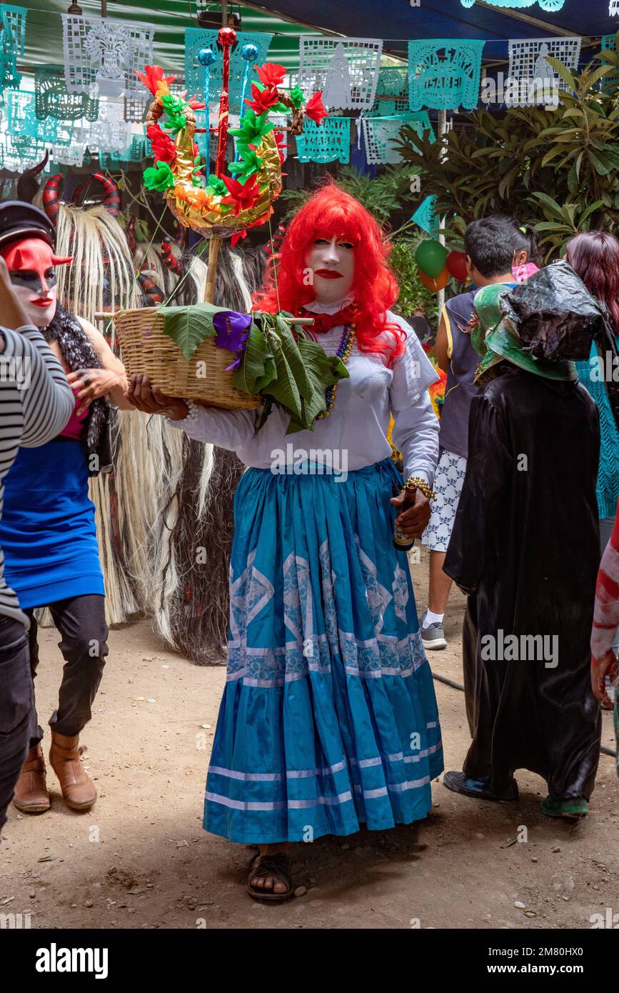 A man in a canastera costume with mask and wig celebrating the Fiesta ...