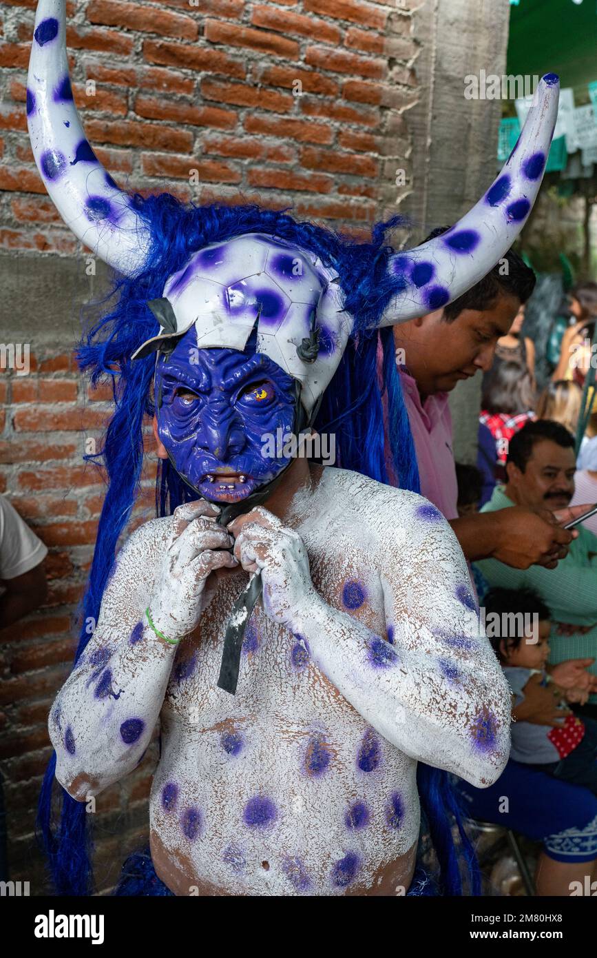 A young man in a cachudo costume with mask & horns at the Fiesta of ...