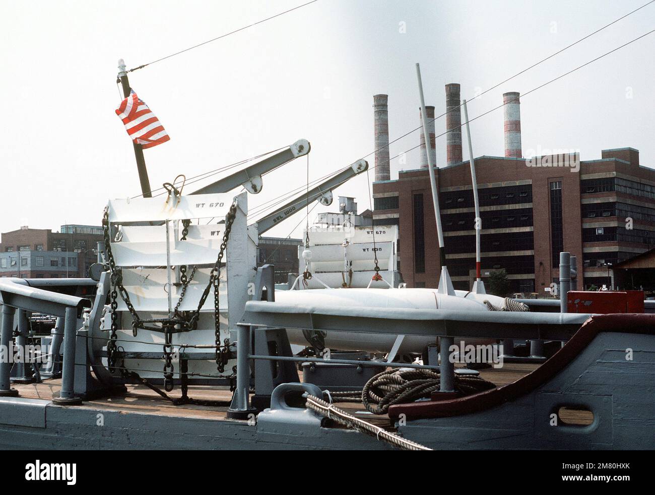 A view of minesweeping equipment stowed on the fantail of the ocean ...