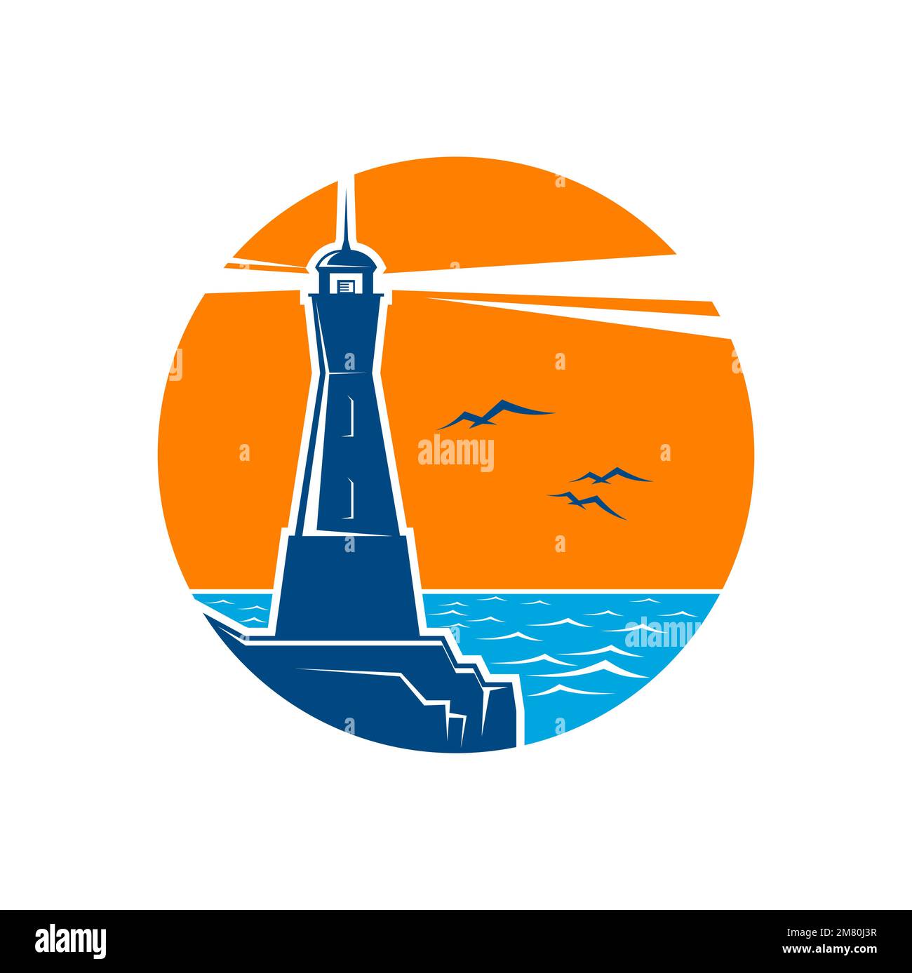 Lighthouse on sea shore circle icon. Ocean travel and navigation ...
