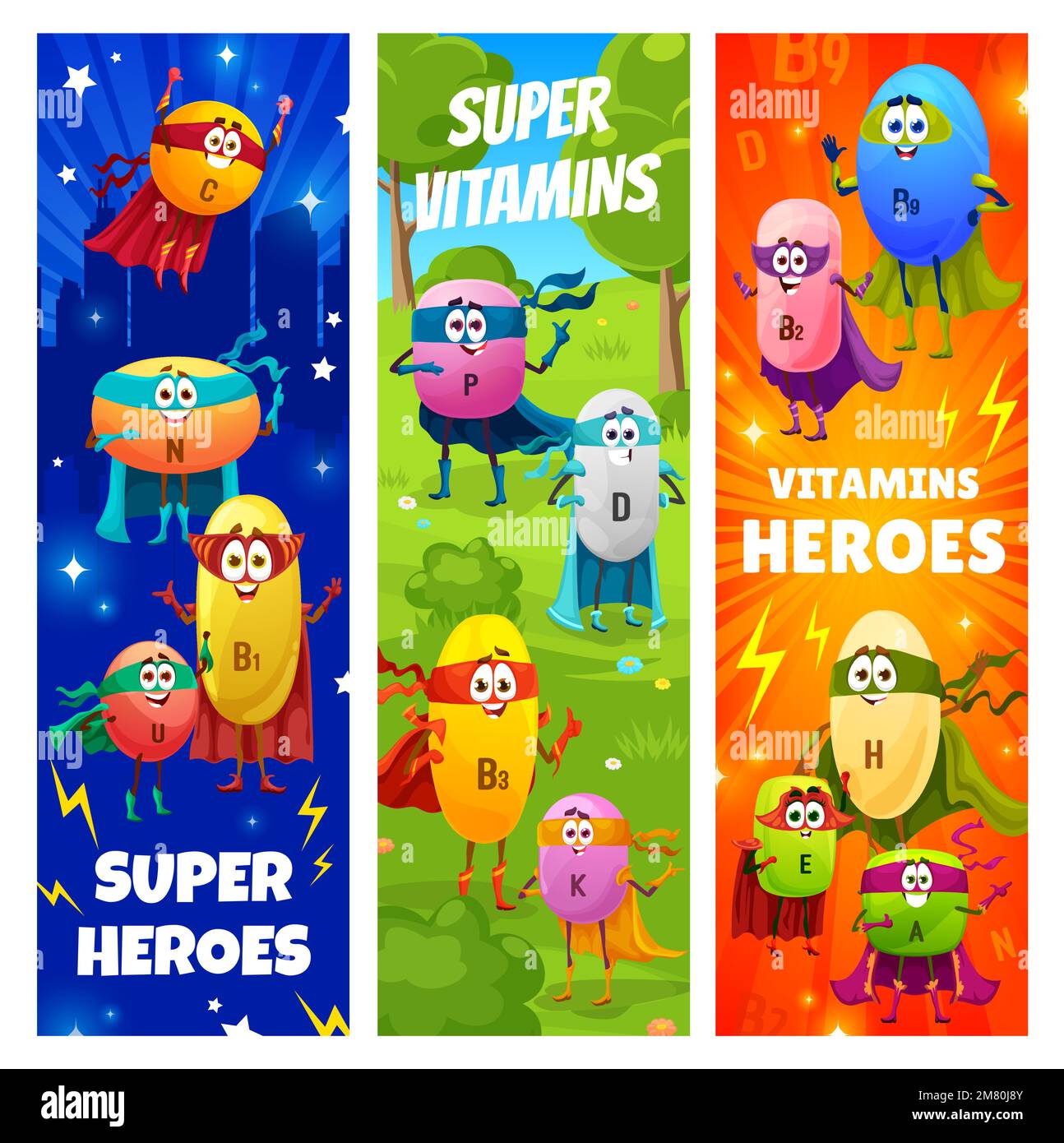 Cartoon cheerful superhero vitamin characters. Vector banners with hero ...