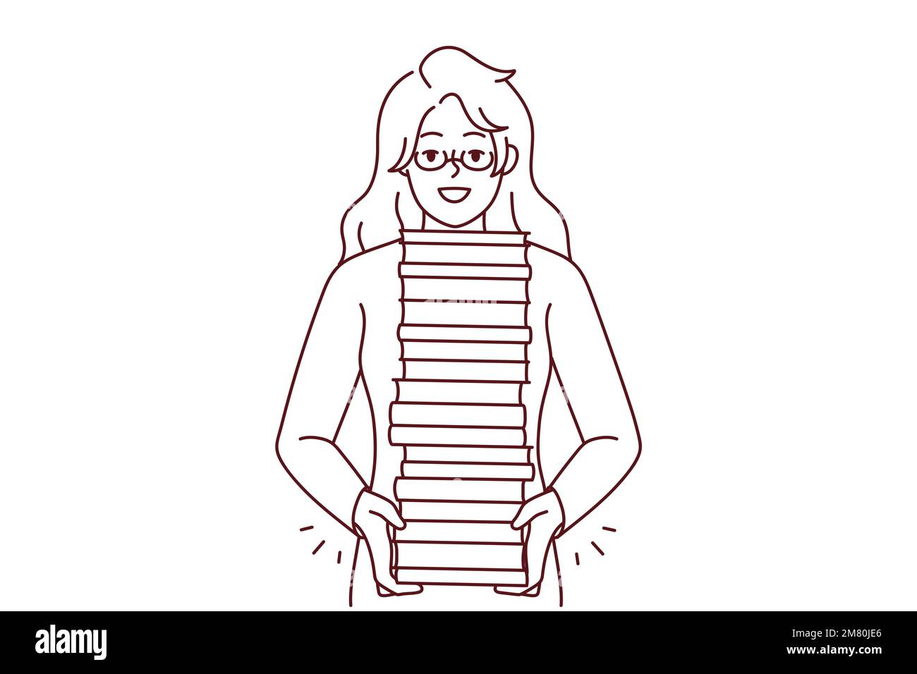 Smiling young woman in glasses with pile of books enjoy reading. Happy ...