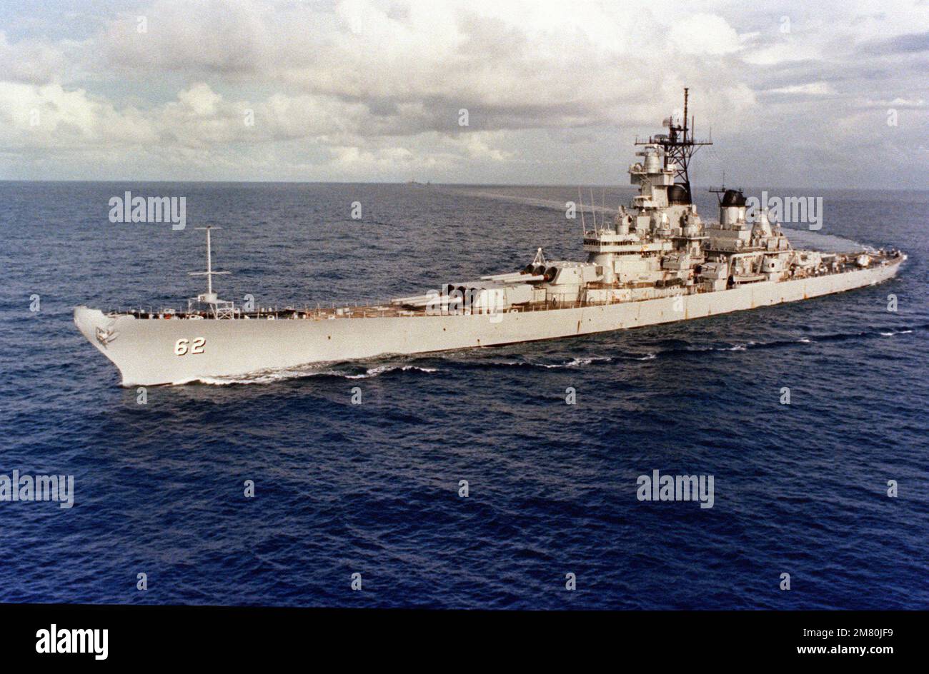 A port bow view of the battleship USS NEW JERSEY (BB-62) as the ship ...