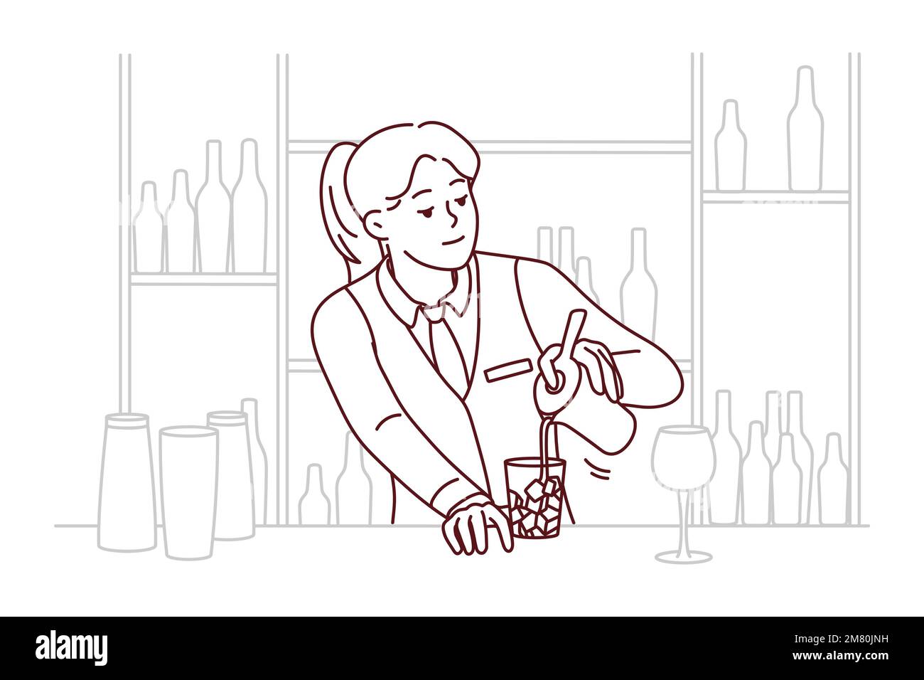 Bartender in uniform making cocktail at bar. Smiling female waitress make drink in restaurant at ...