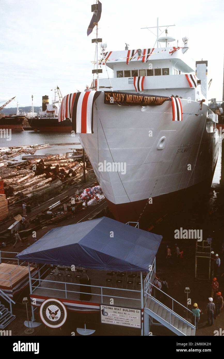 A port bow view of the ocean surveillance ship USNS STALWART (T-AGOS 1 ...