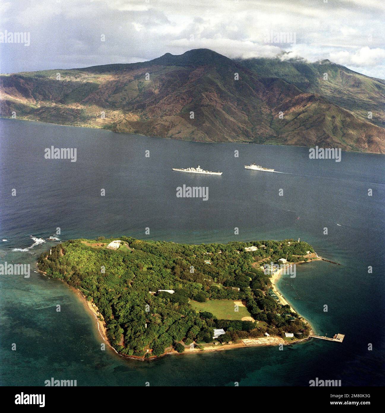An aerial view of the battleship USS NEW JERSEY (BB 62) in the Subic ...