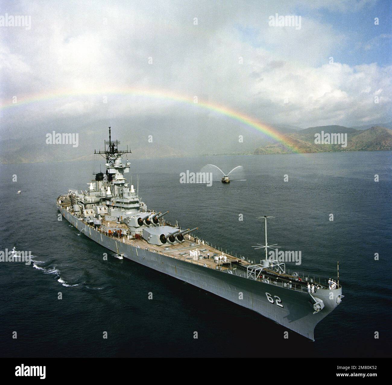 An aerial starboard bow view of the battleship USS NEW JERSEY (BB 62 ...