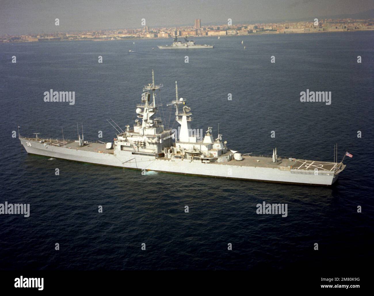 An elevated port quarter view of the nuclear-powered guided missile ...