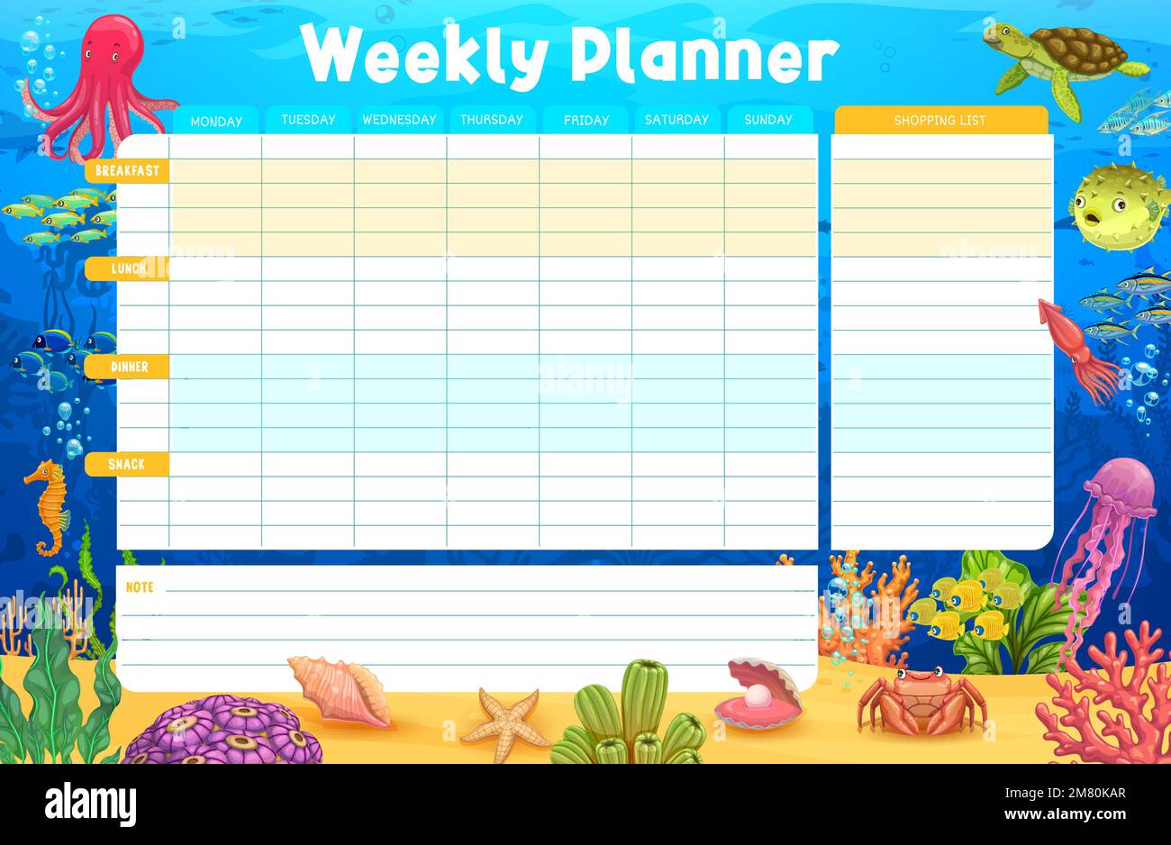 Cartoon underwater landscape and animals weekly planner schedule ...