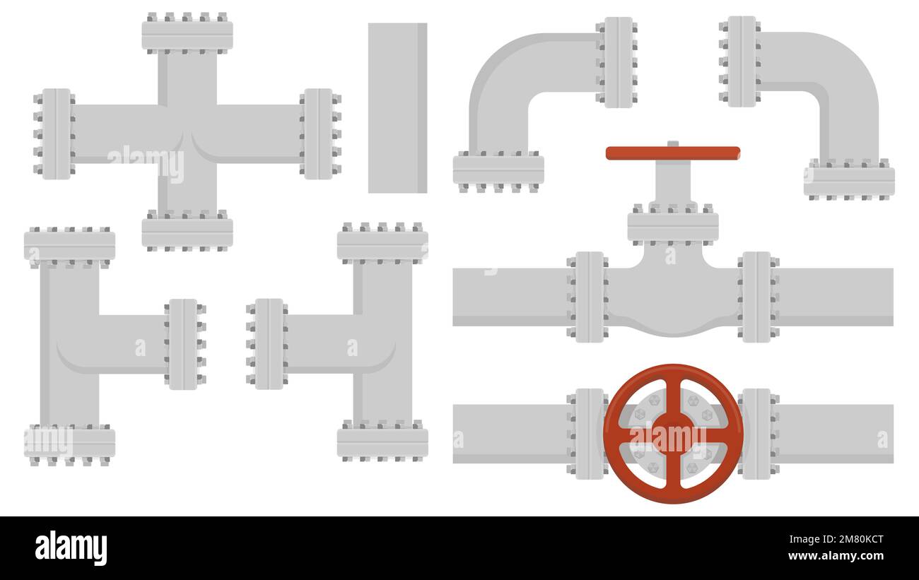 Collection of metal pipes. Steel pipelines, plastic tubes, valves and flanges, water drains ...