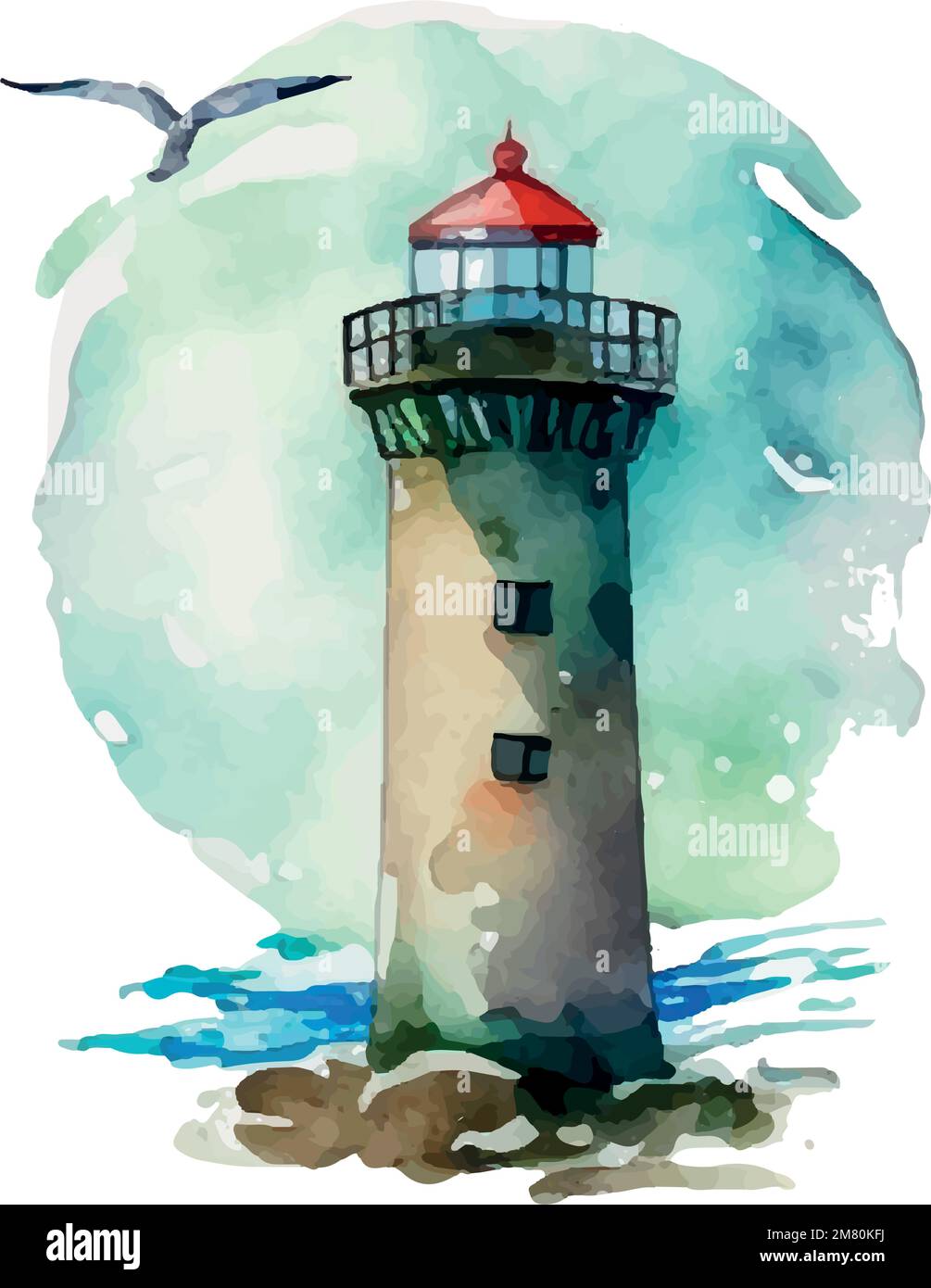 Watercolor lighthouse illustration. Isolated lighthouse and seagulls on ...