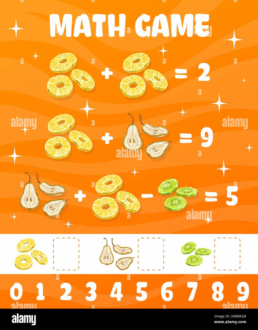 Pear, kiwi and pineapple dried fruits math game worksheet. Vector kids ...