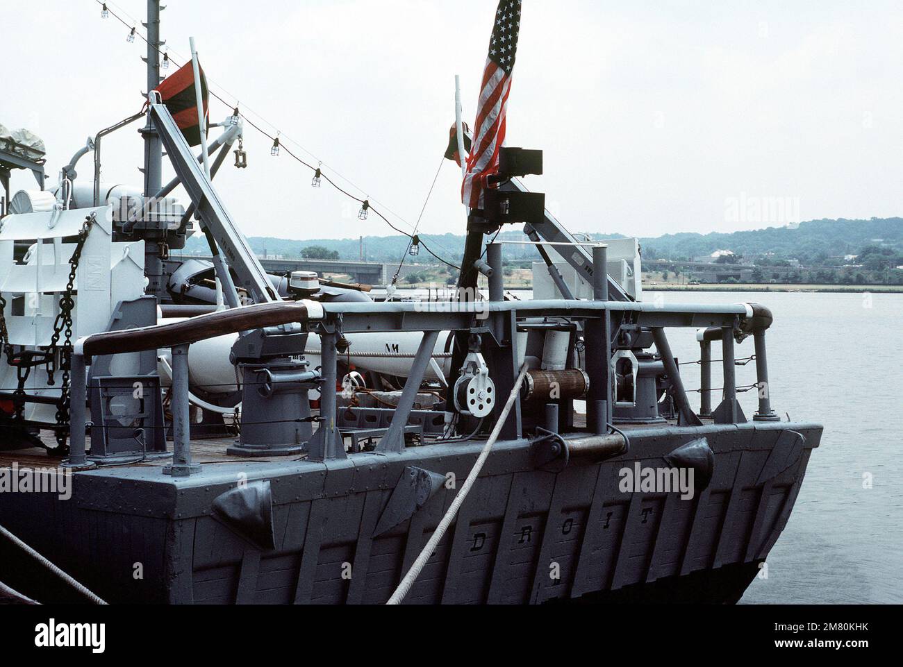 A view of the derrick arms used to support the minesweeping gear aboard ...