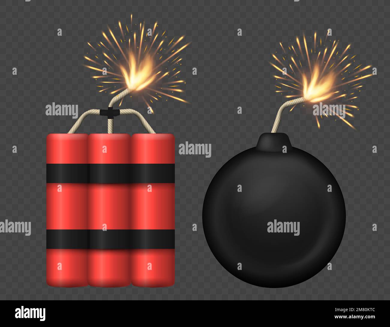 Dynamite Bomb with Burning Wick and black sphere bomb. Vector ...