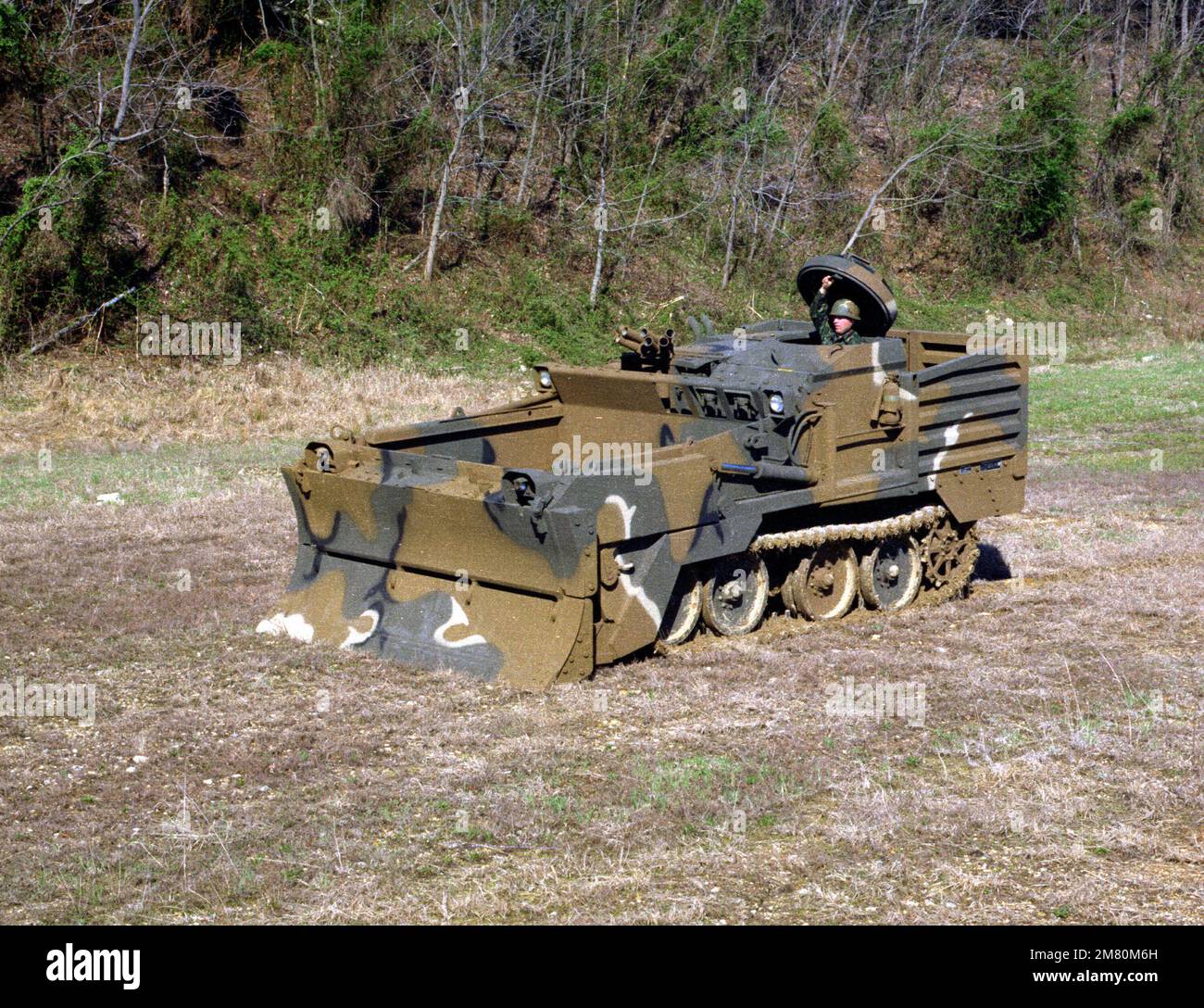 A left front view of an M-9 armored combat earthmover developed by the ...