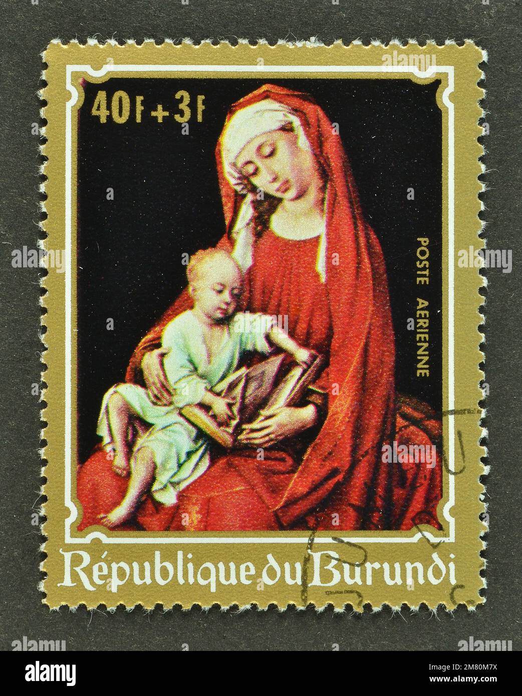 Cancelled postage stamp printed by Burundi, that shows painting Madonna ...