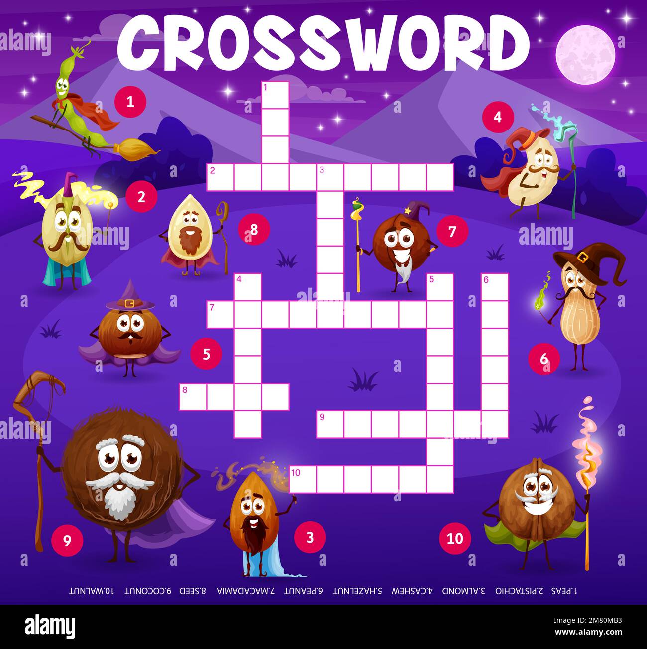 Crossword grid, cartoon nuts mage and wizard characters, vector quiz ...