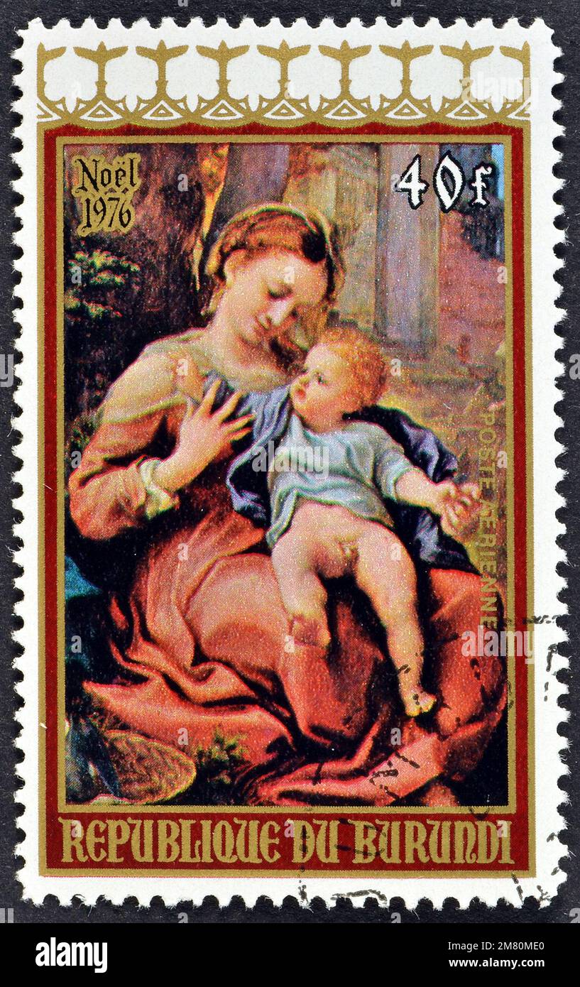 Cancelled postage stamp printed by Burundi, that shows painting Madonna ...
