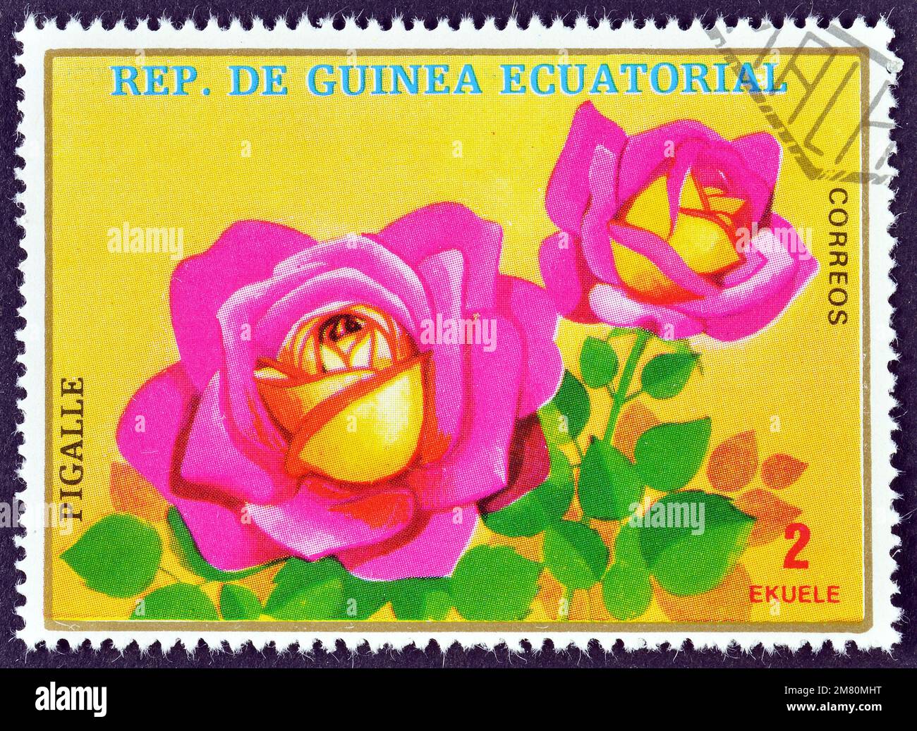 Cancelled postage stamp printed by Equatorial Guinea that shows Roses ...