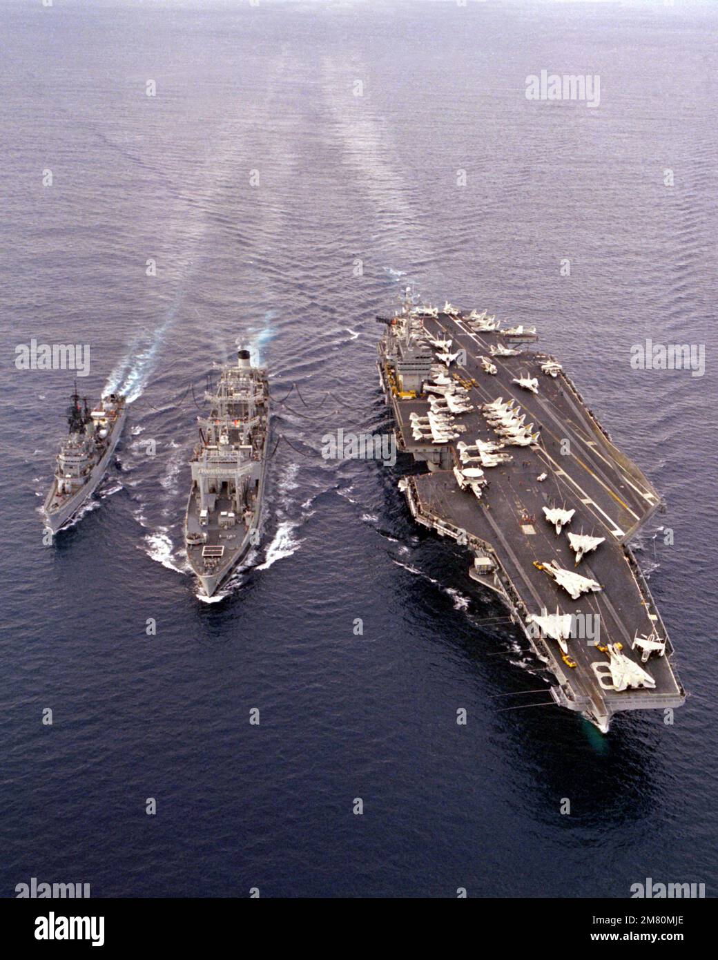 An aerial bow view of the nuclear-powered aircraft carrier USS DWIGHT D ...