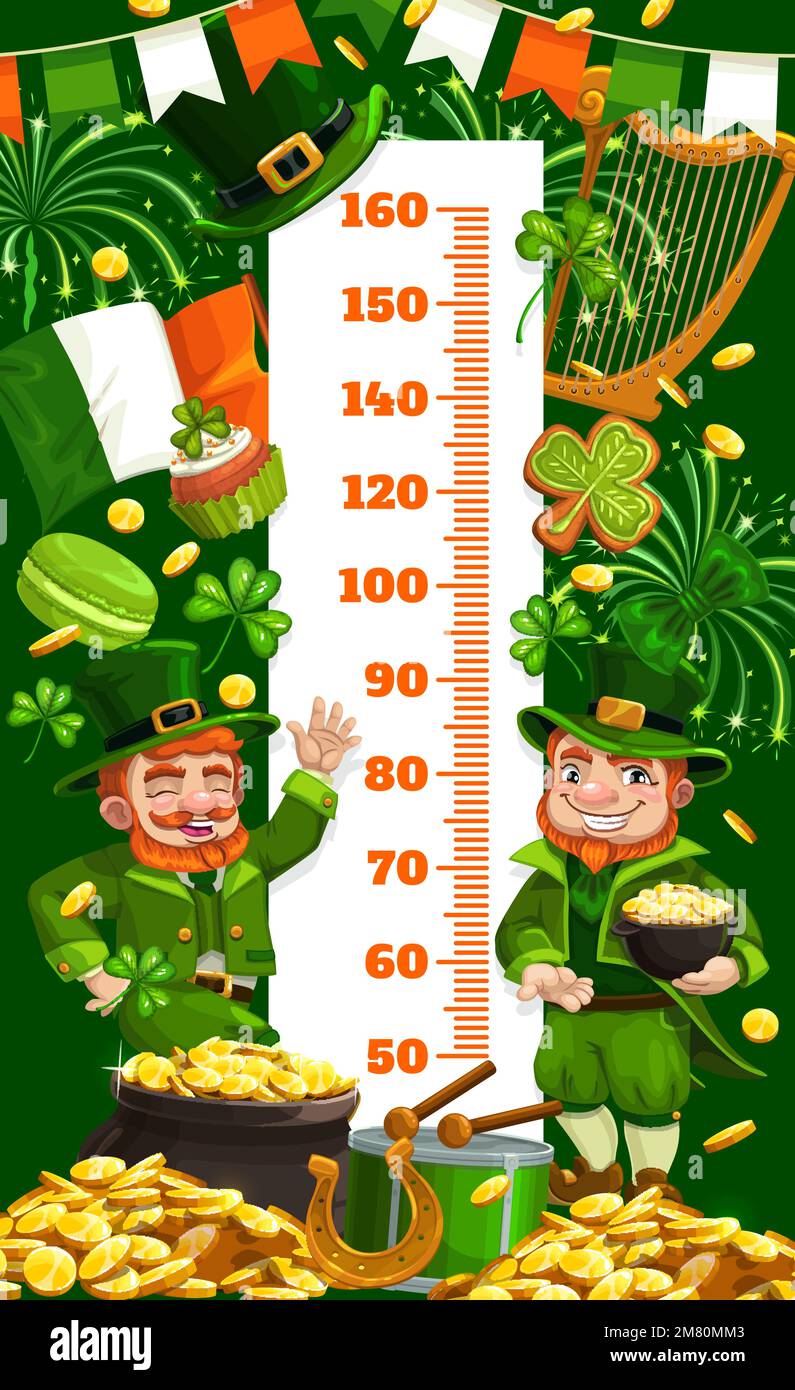 Kids height chart. Cartoon leprechauns with gold. Growth measure meter ...