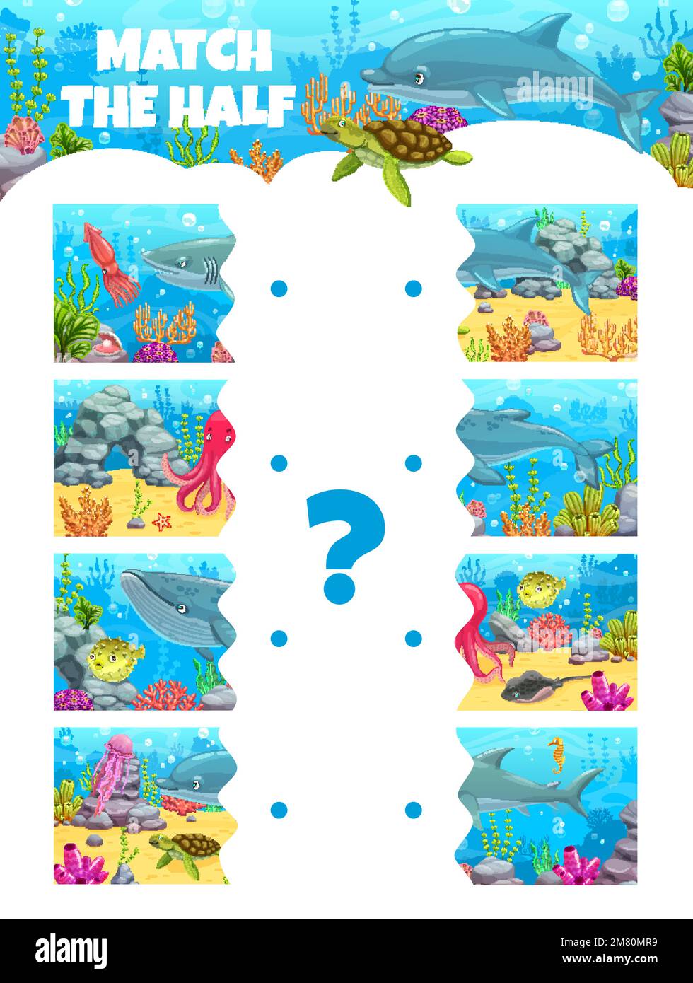 Match the half piece game. Cartoon underwater landscape and animals ...