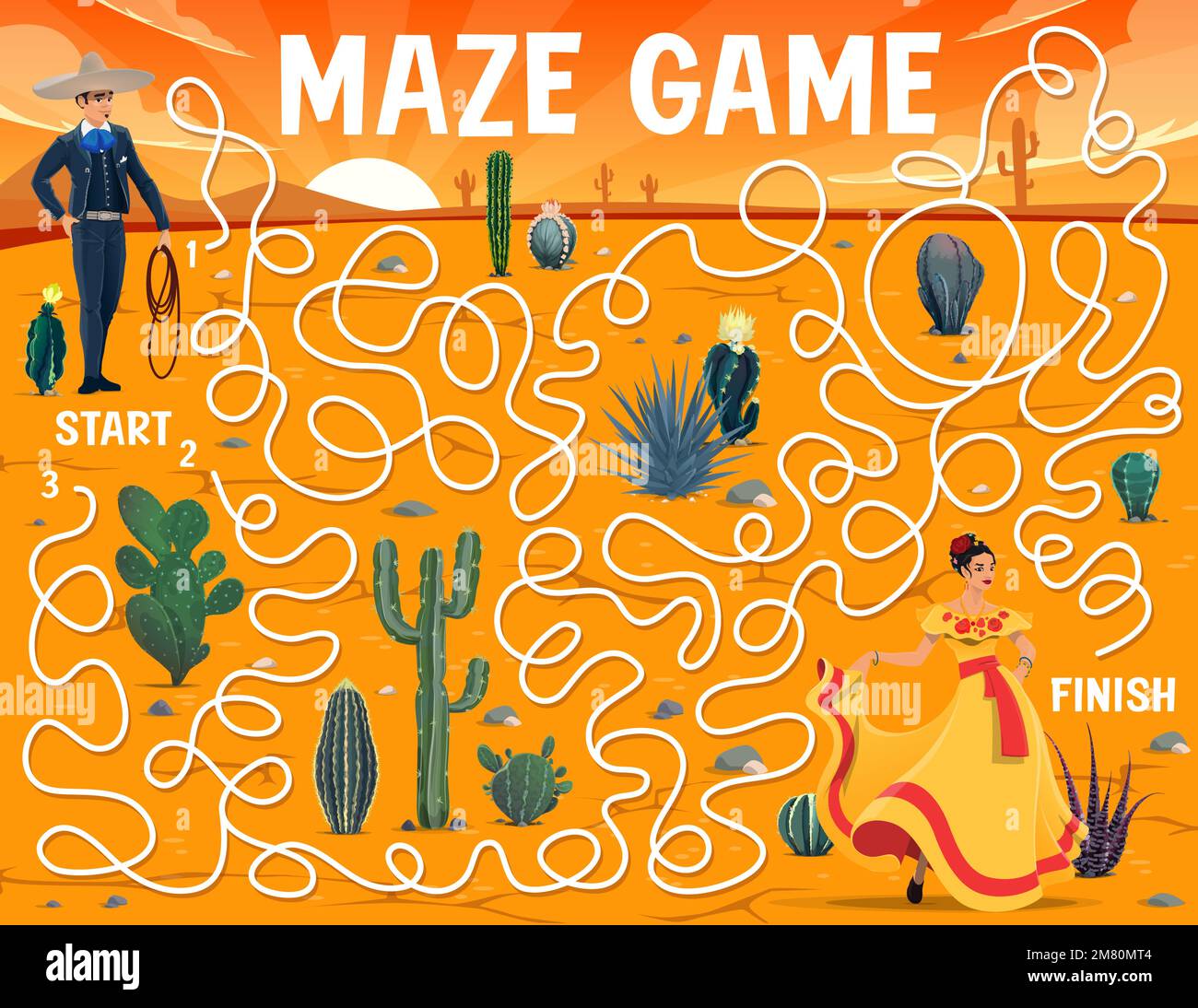 Labyrinth maze of mexican charro cowboy and woman in desert. Vector ...