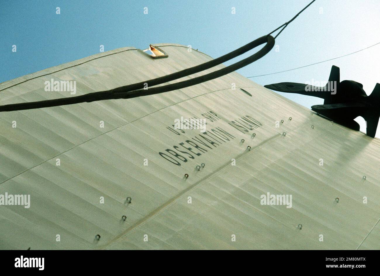 A close-up view of the starboard bow, looking forward, and the anchor ...