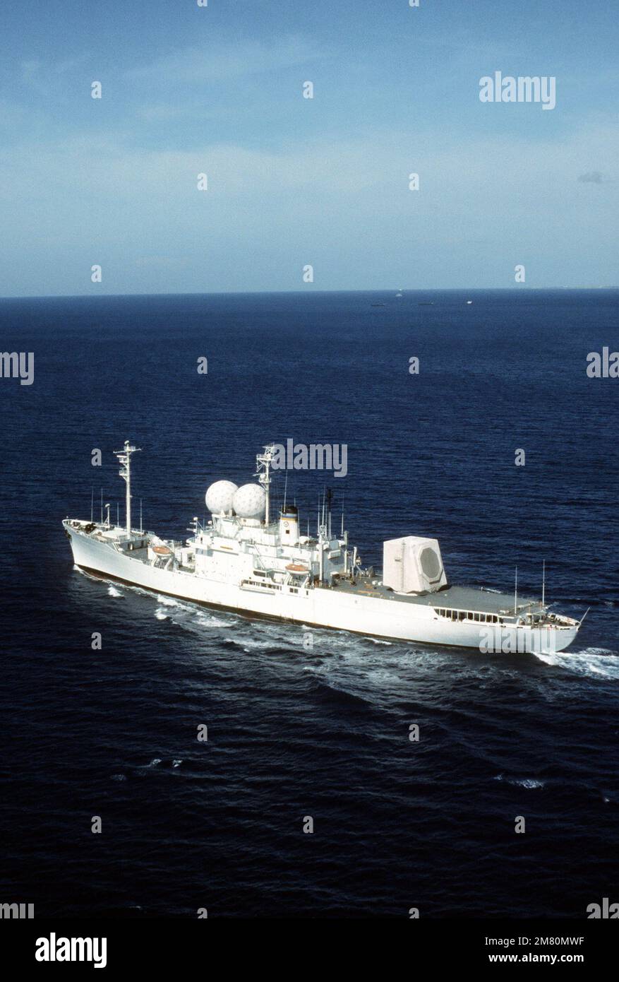 An aerial port quarter view of the missile range instrumentation ship ...
