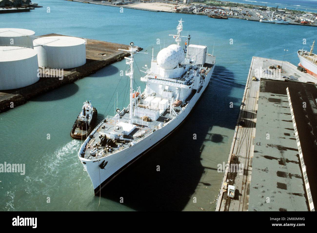 An aerial port bow view of the missile range instrumentation ship USNS ...