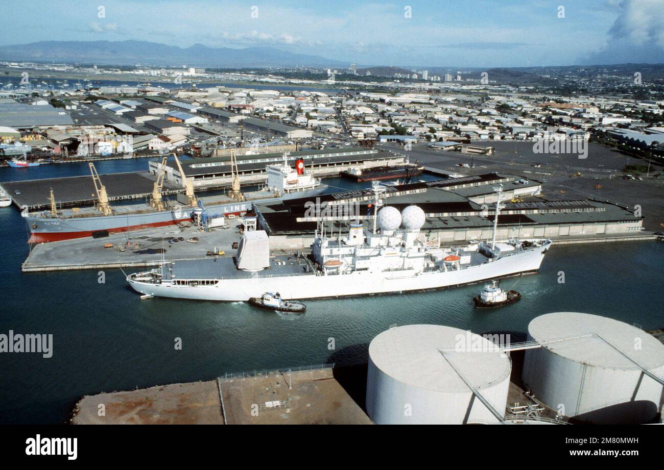 An aerial starboard view of the missile range instrumentation ship USNS ...