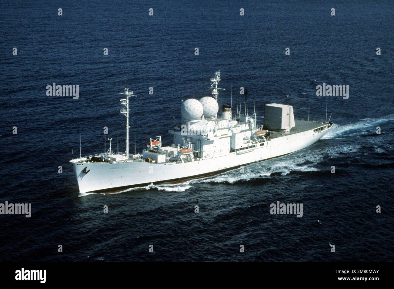 An aerial port bow view of the missile range instrumentation ship USNS ...