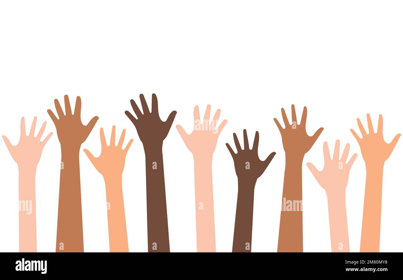 Multi-ethnic and Diverse Hands Raised Up. Charity, crowd, workforce ...