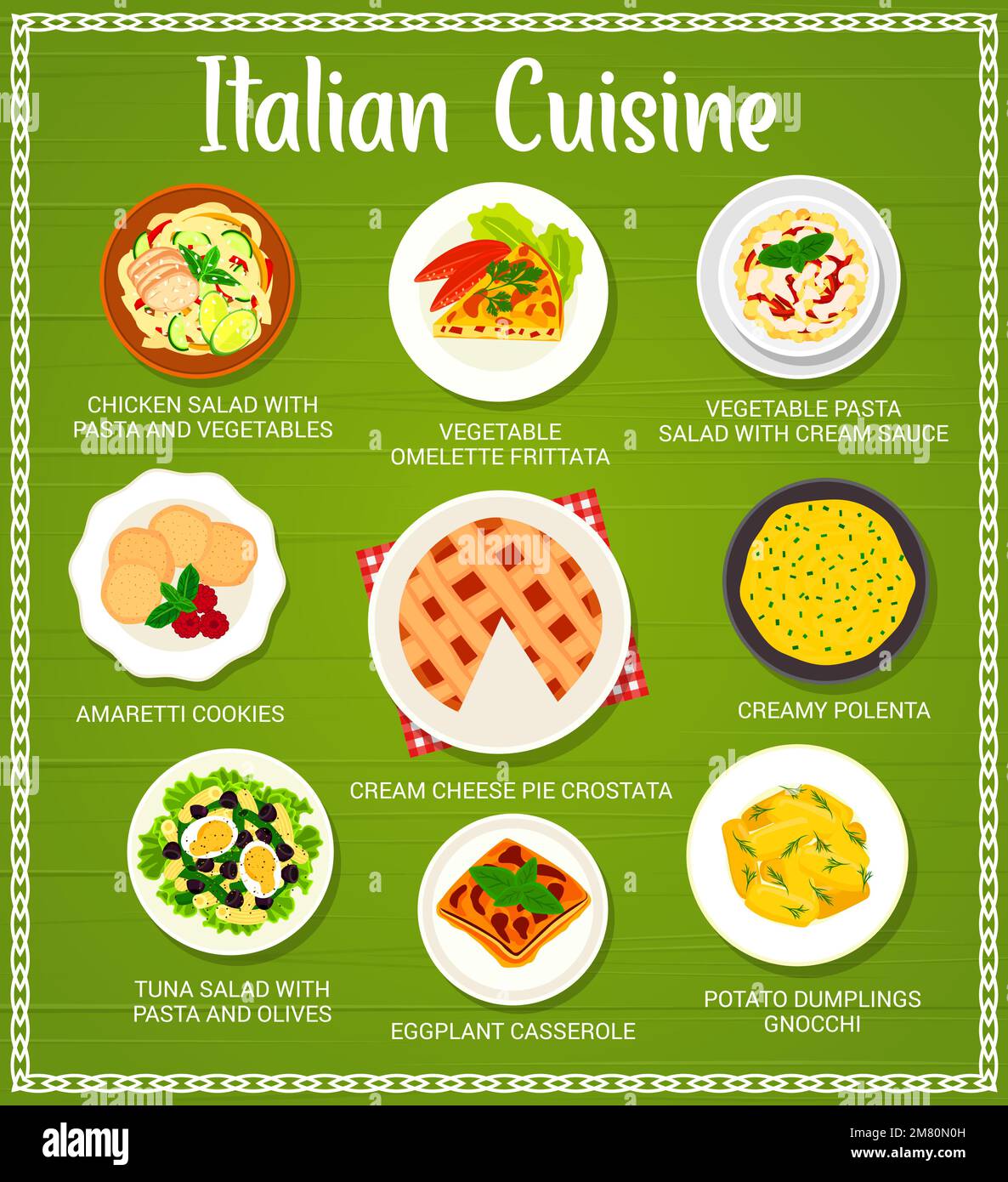 Italian cuisine menu vector chicken salad with pasta and vegetables ...