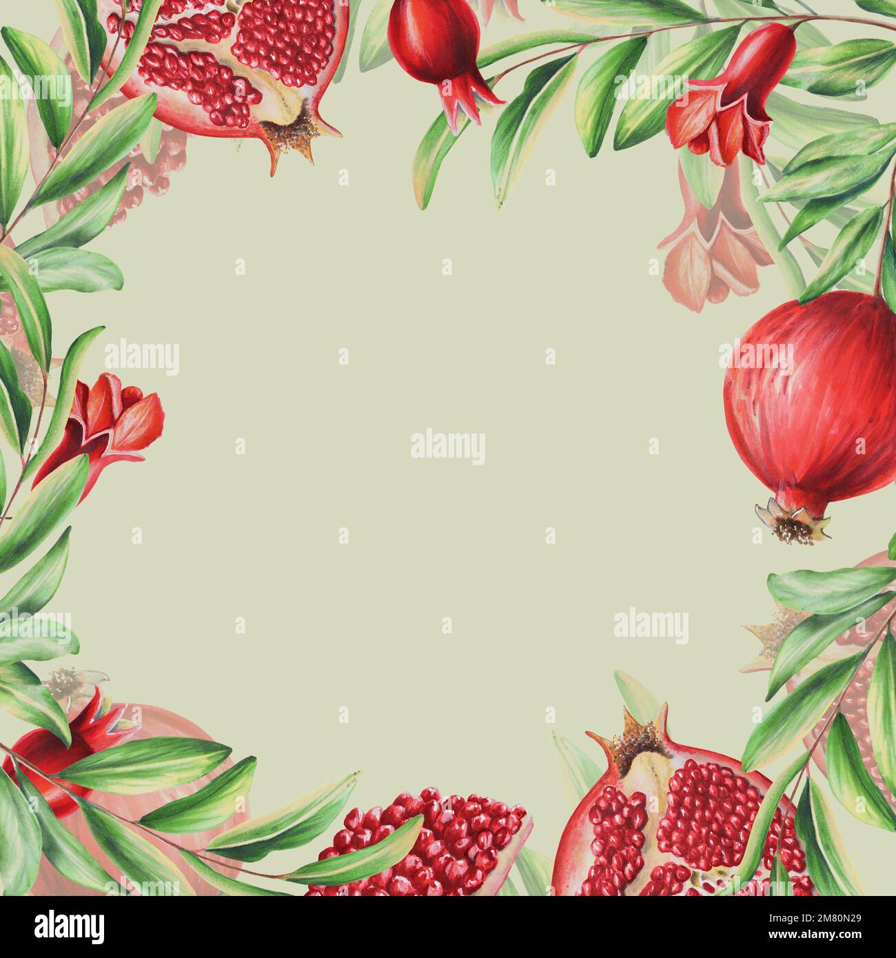 Watercolor pomegranate frame on a branch. Ripe slice, flowers and seeds ...