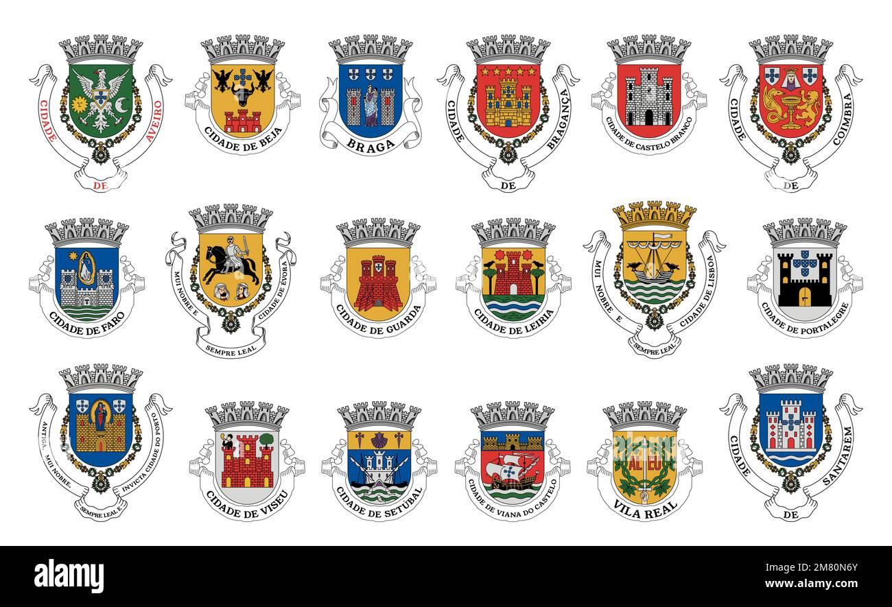 Portugal coat of arms. Portuguese districts heraldic emblems, vector ... Portugal coat of arms. Portuguese districts heraldic emblems, vector ...