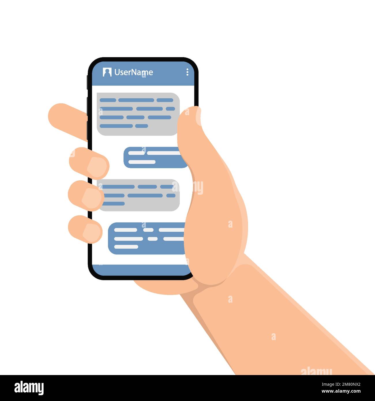 Male hand holding smartphone with message chart on screen. Vector ...