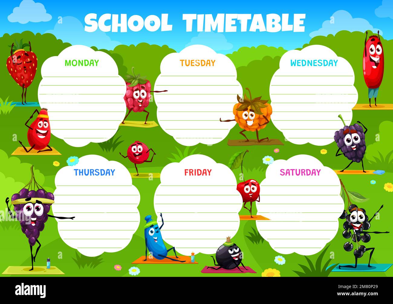 Timetable schedule. Cartoon cute berry characters on yoga fitness ...
