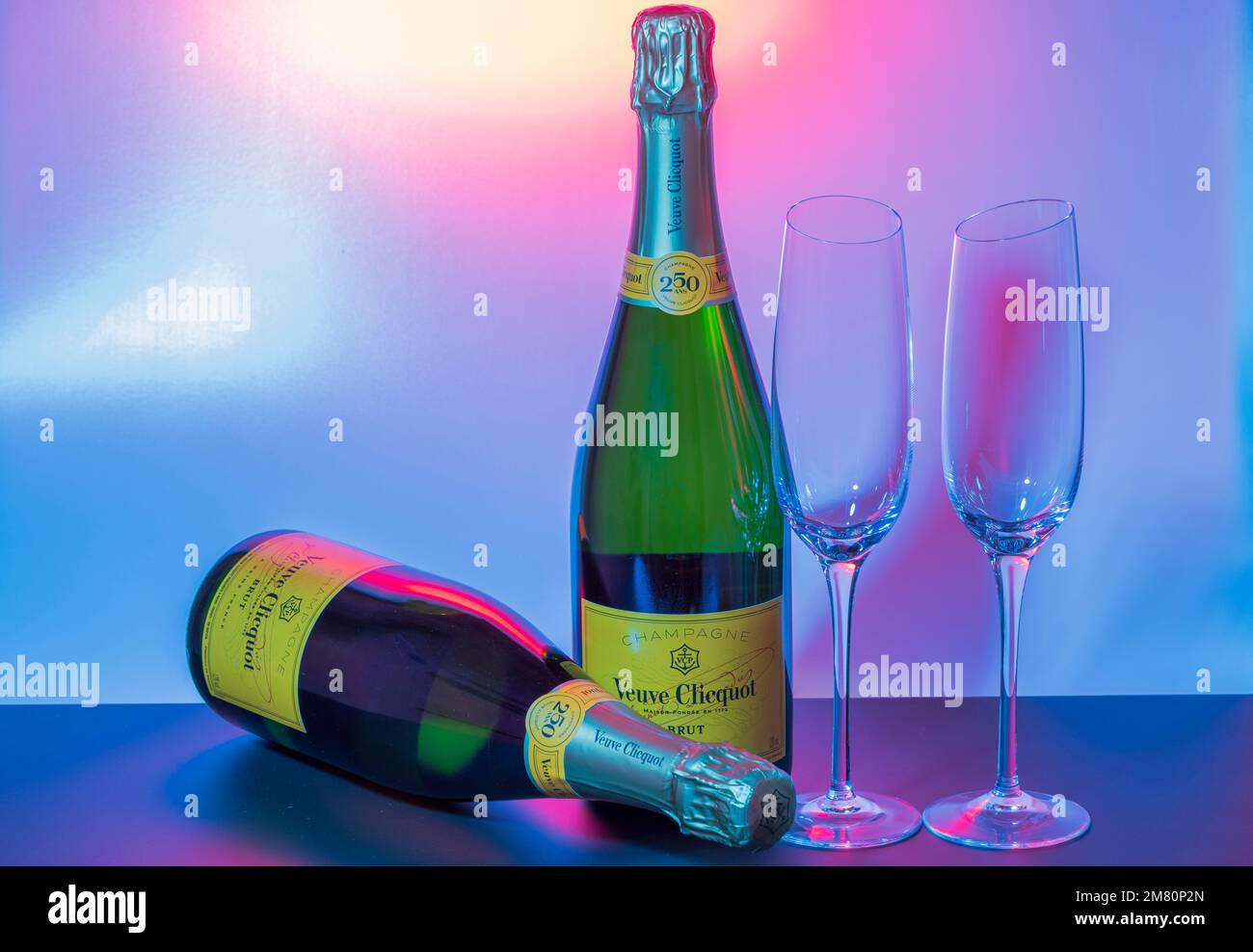 Close up view of two bottles of French brut Veuve Clicquot champagne ...