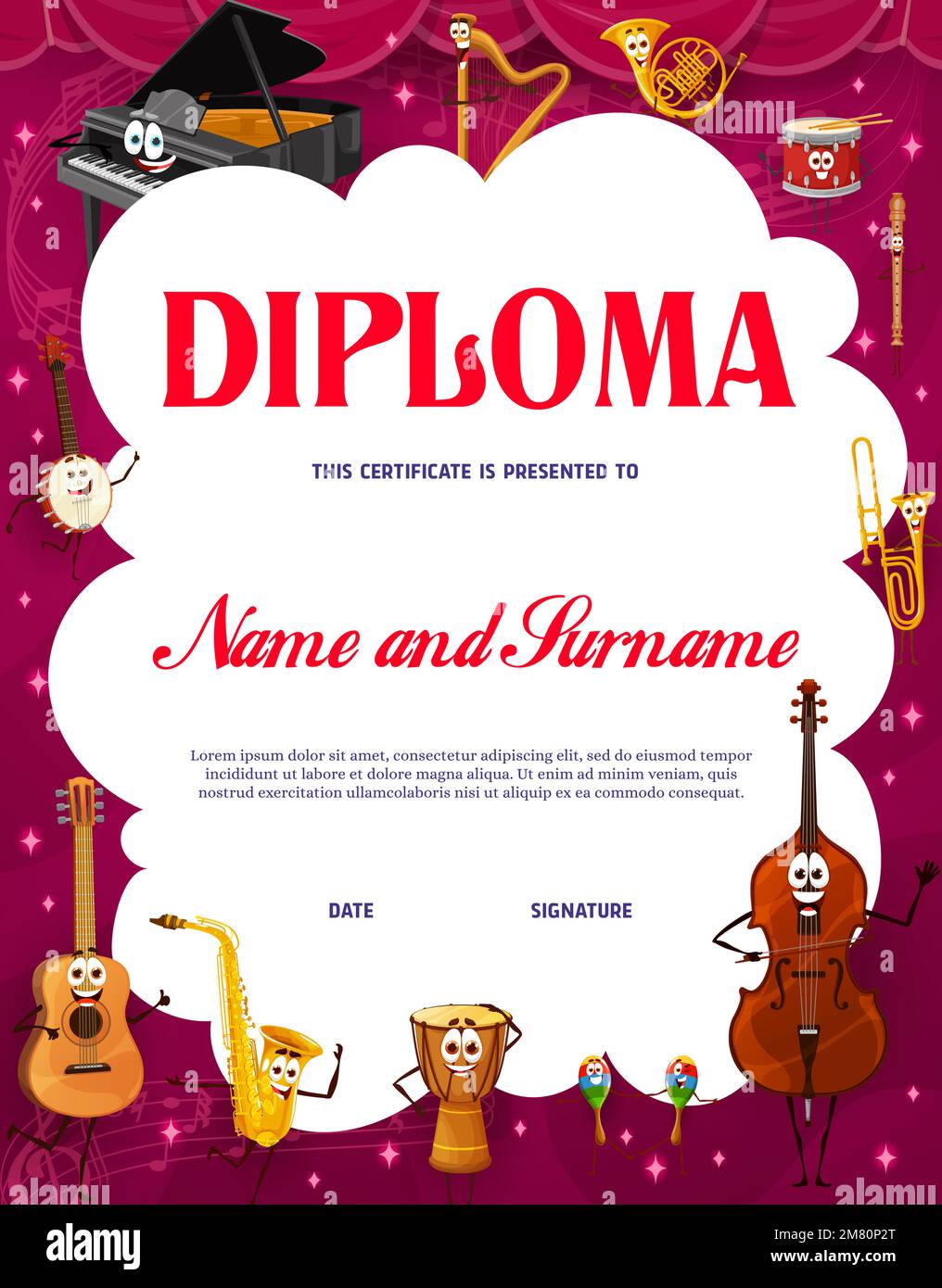 Kids diploma cartoon musical instrument characters. Educational music ...