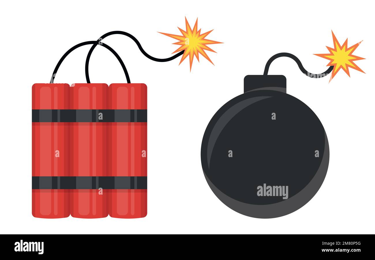 Dynamite Bomb with Burning Wick and black sphere bomb. Vector ...