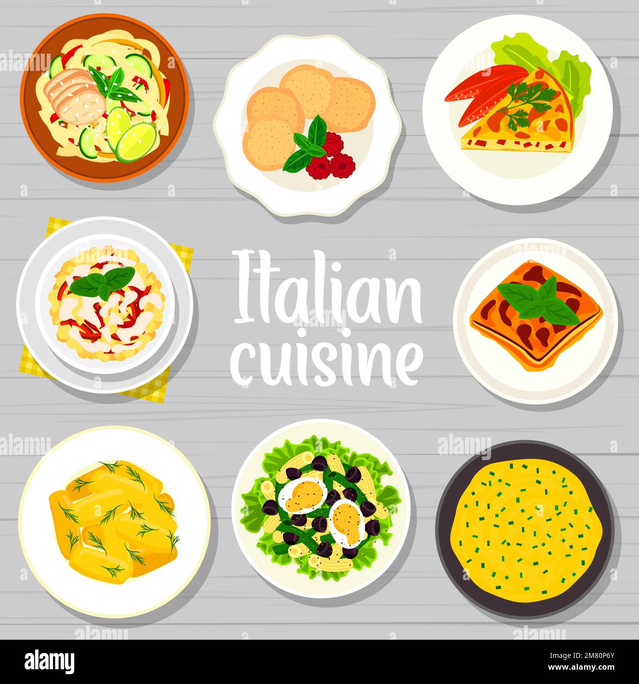 Italian cuisine menu cover, vector creamy polenta, tuna salad with ...