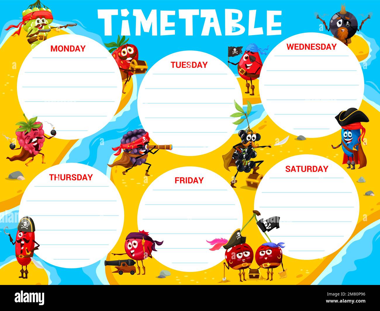 Education timetable schedule. Cartoon berry pirates and corsairs on ...