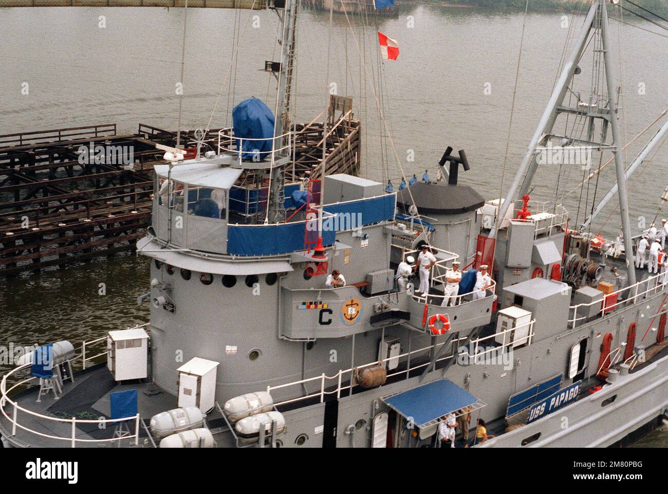 A port side view of the upper decks of the fleet tug USS PAPAGO (ATF ...