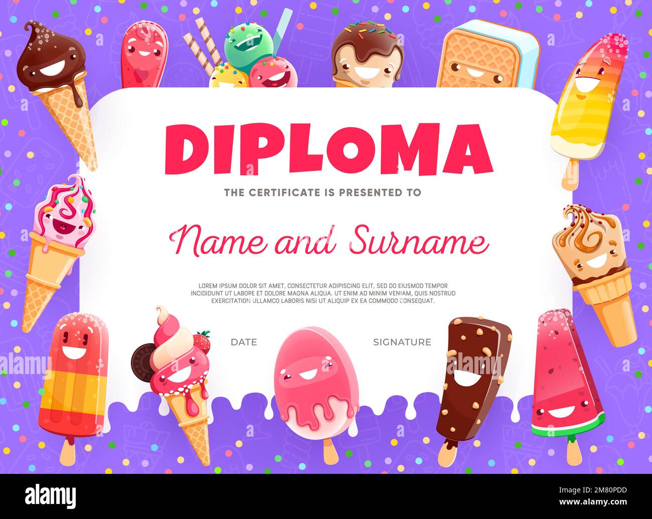 Kids diploma cartoon funny ice cream dessert characters. Vector frame ...