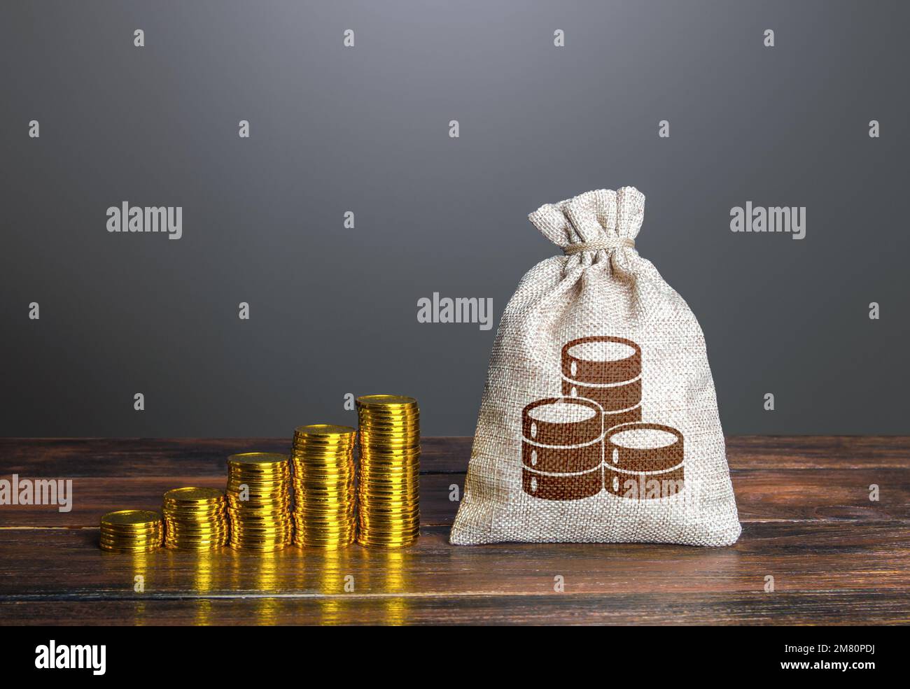 Big money bag and rising coins stacks. Accumulation of savings. Rise of ...