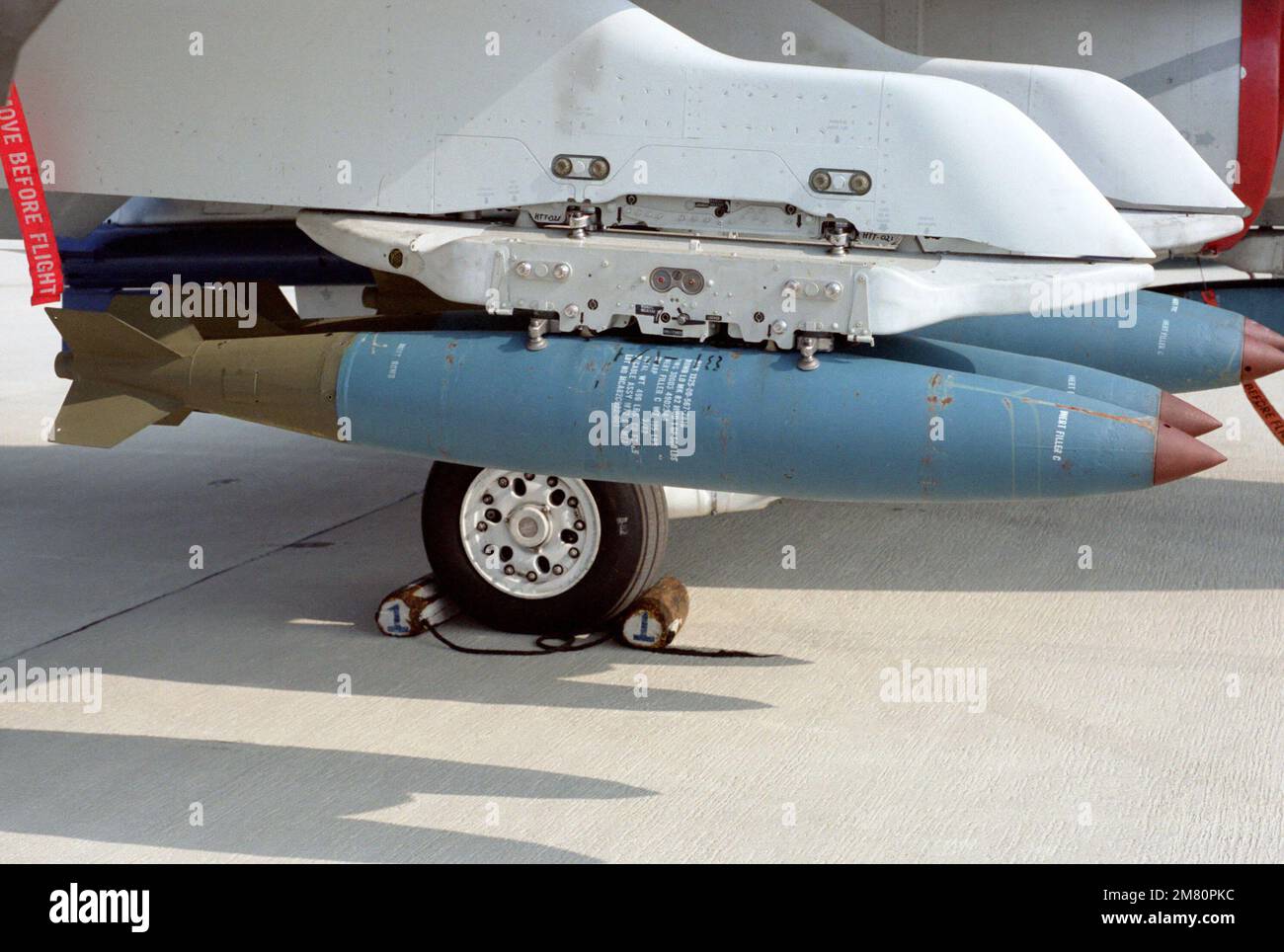 A close-up view of four Mark 82 500-pound general purpose bombs ...