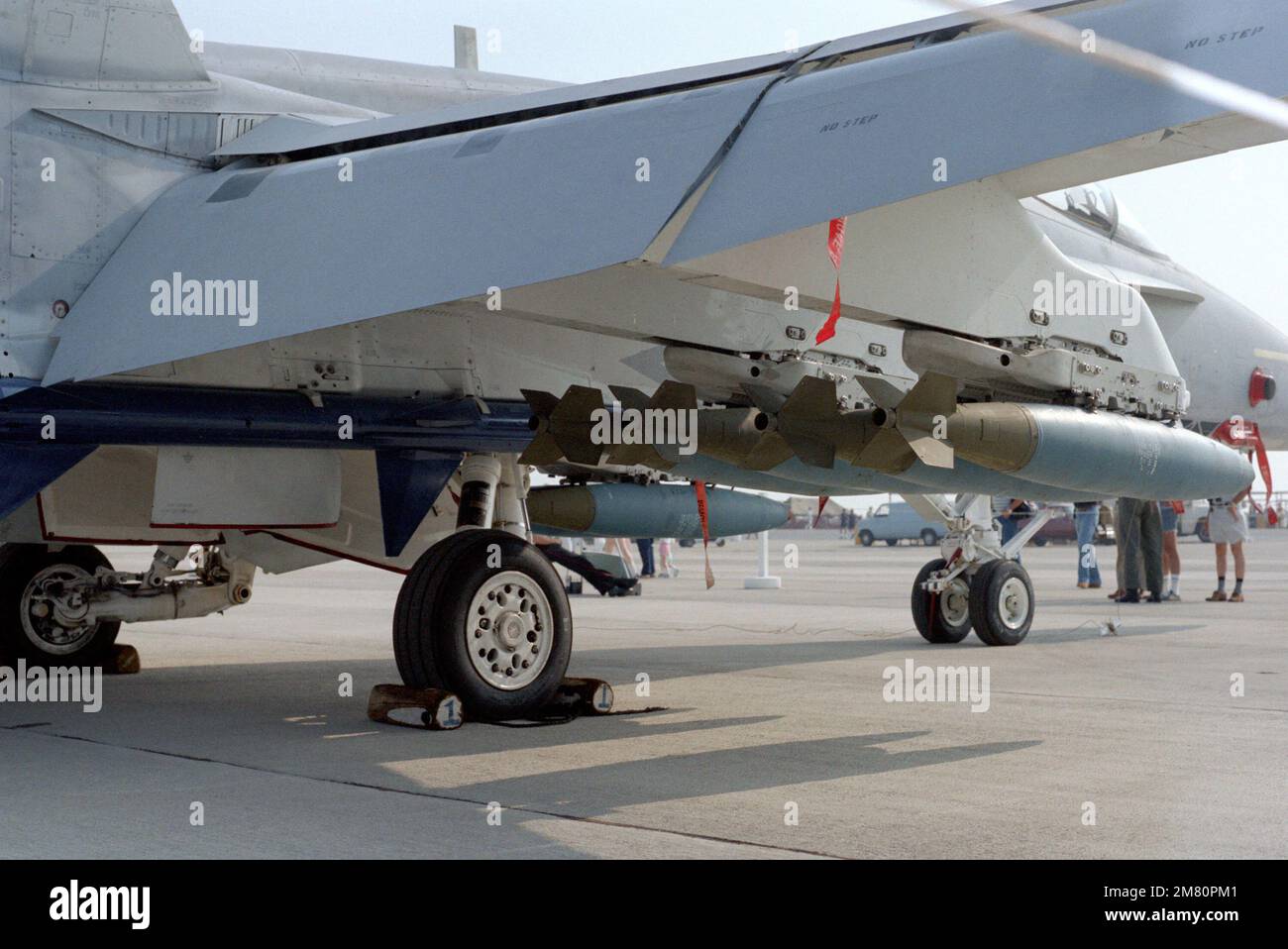 A right rear view of the underside of an F/A-18 Hornet aircraft on ...